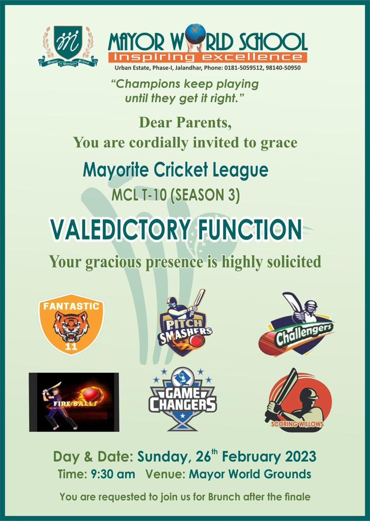 Invitation for Voledictory Function MCL-T10 (Season 3) – Mayor World School – Jalandhar